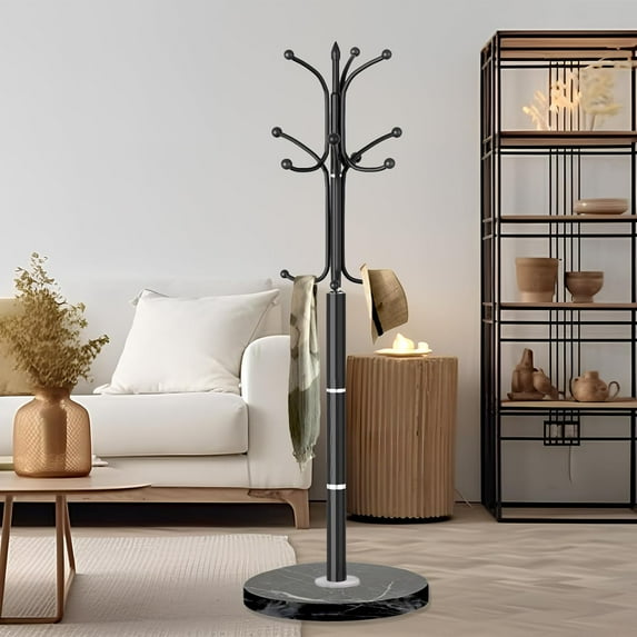 Black Metal Freestanding Coat Tree with Natural Marble Base, 12-Hook ...