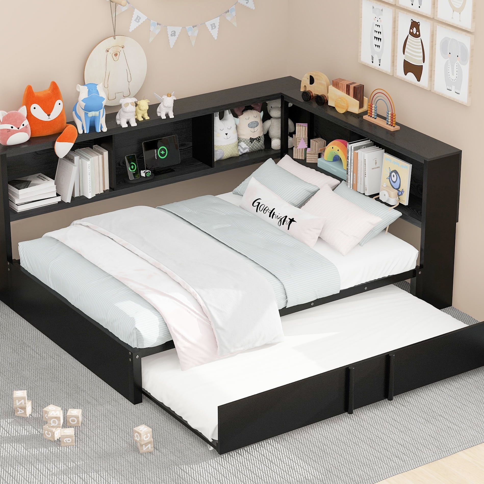 Black Metal Full Size Daybed With Storage Cabinets And Trundle ...