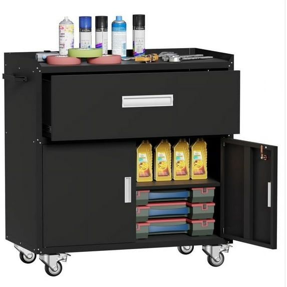 Black Metal Garage Storage Cabinet With Wheels, Lockable Tool Cabinet ...
