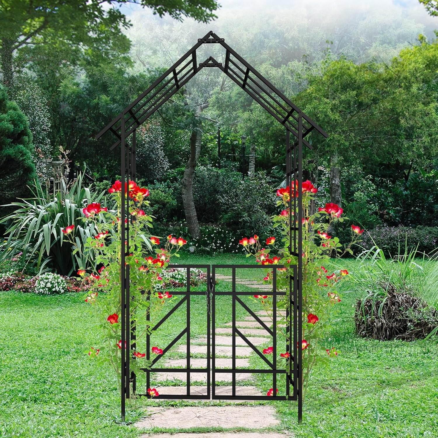 Black Metal Garden Arch with Double Swing Gate, 58" Wide x 97" High ...