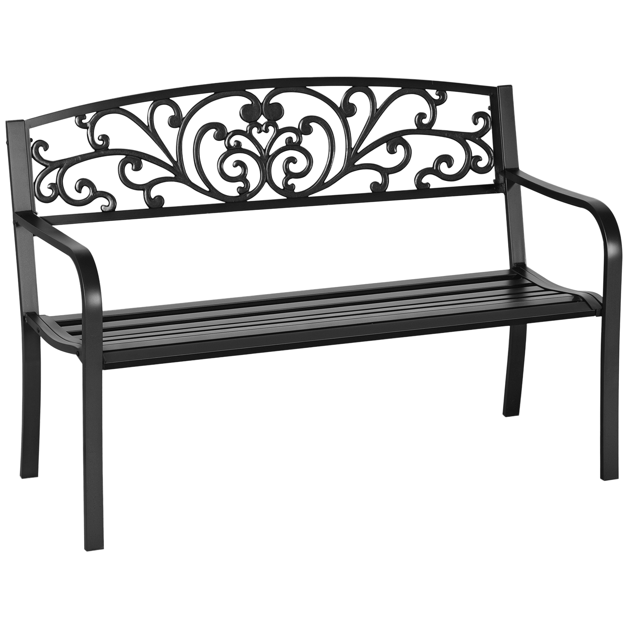 Black Metal Garden Bench with Floral Backrest, 50" Outdoor Patio Bench ...