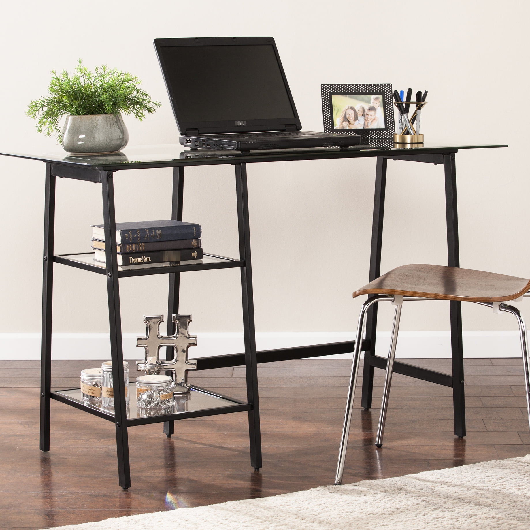Black Metal And Glass Desk. Sleek Versatile For Home Offices. Tempered Surface With Iron Frame ...