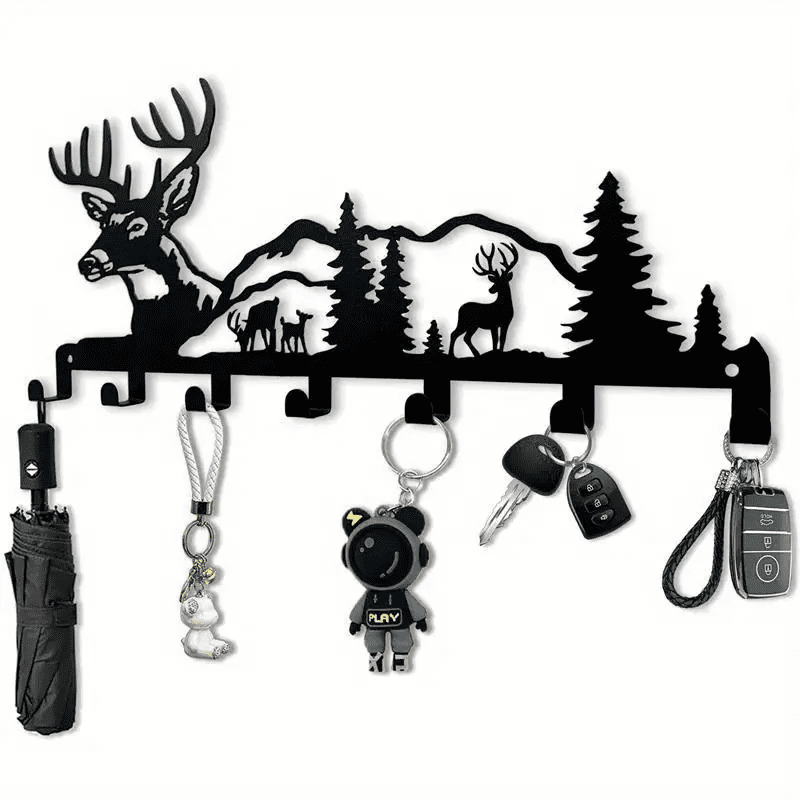 Black Metal Key Holder with Deer & Forest Design, 6 Hooks Wall ...