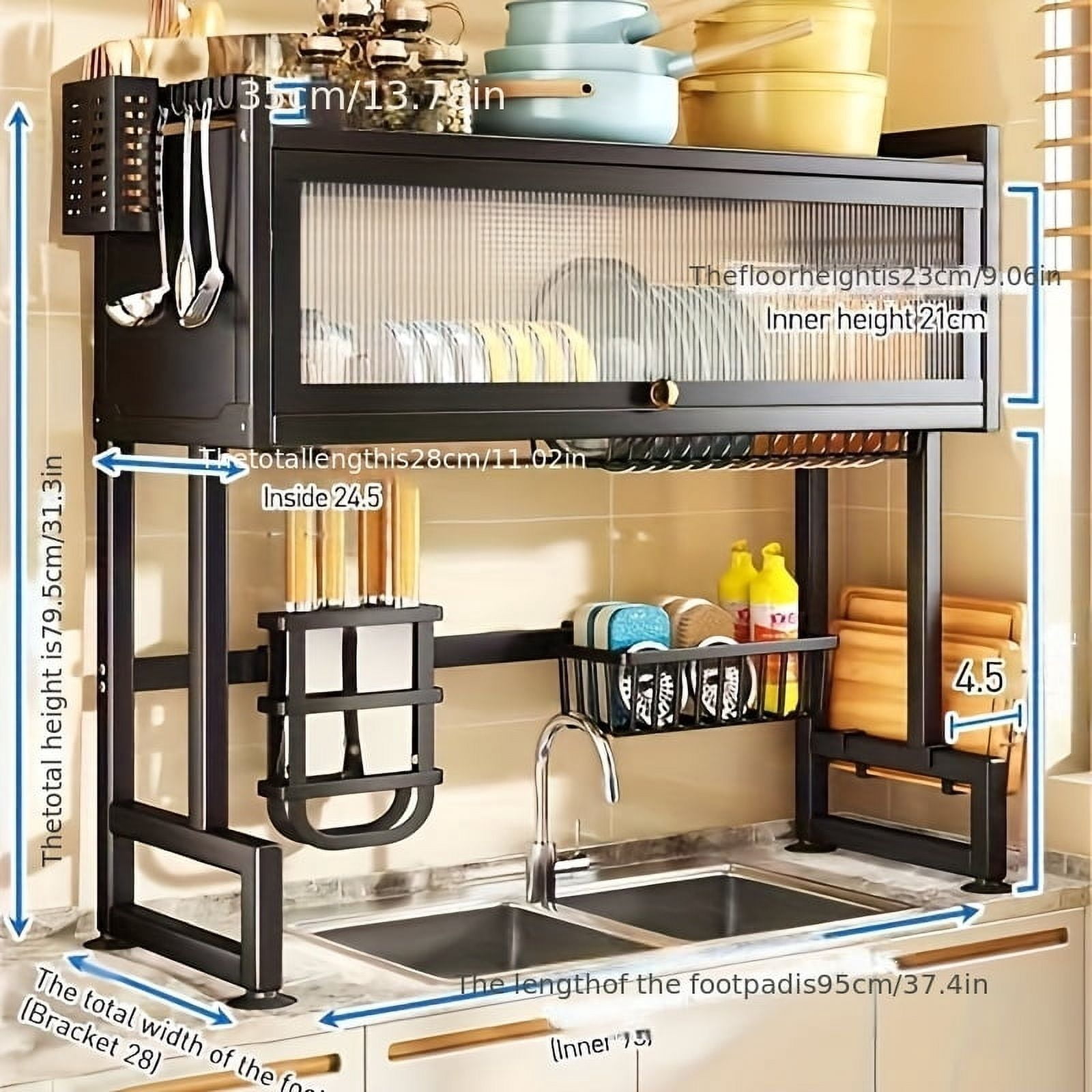 Black Metal Kitchen Storage Rack - Countertop Organizer with Drain Tray ...