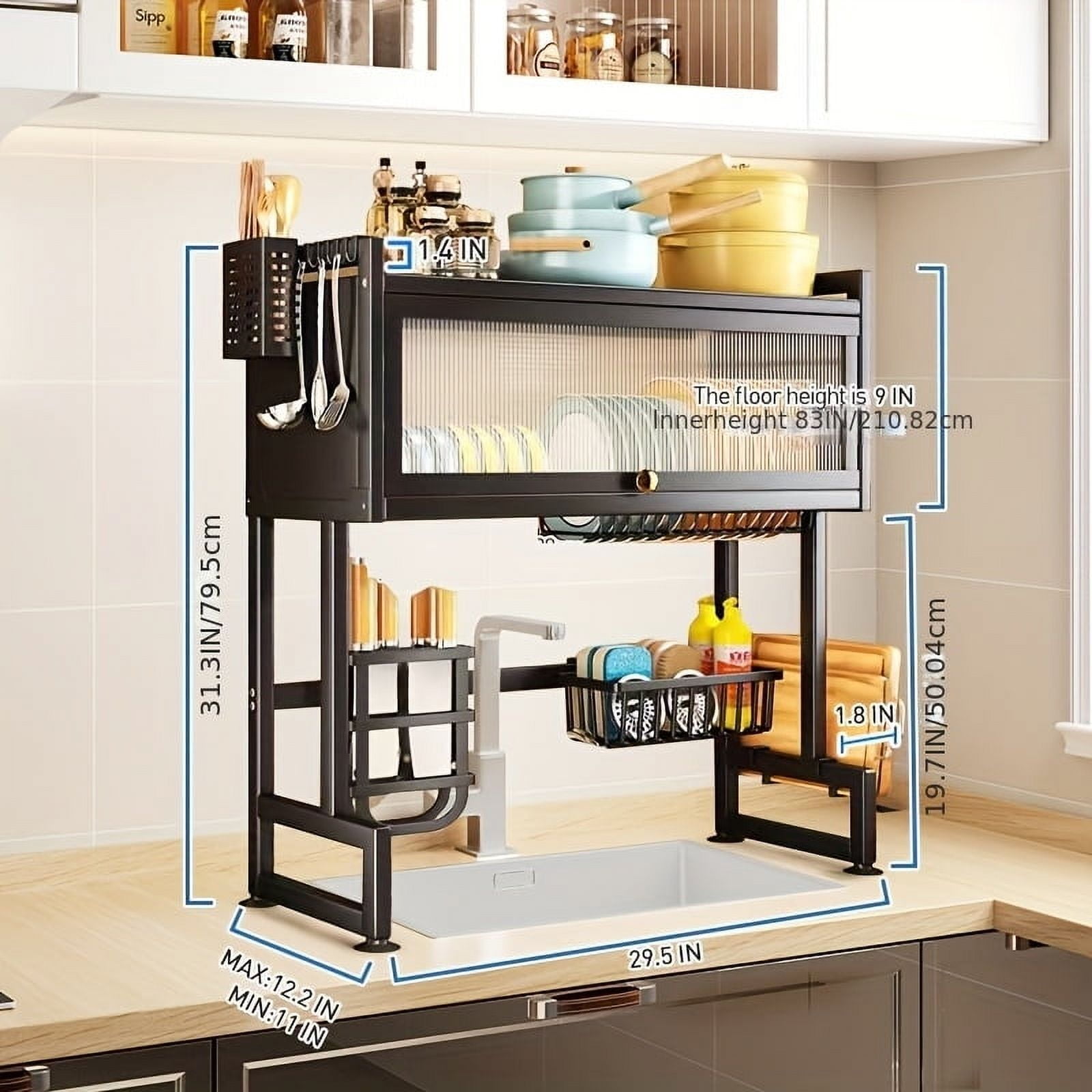 Black Metal Kitchen Storage Rack - Countertop Organizer with Drain Tray ...