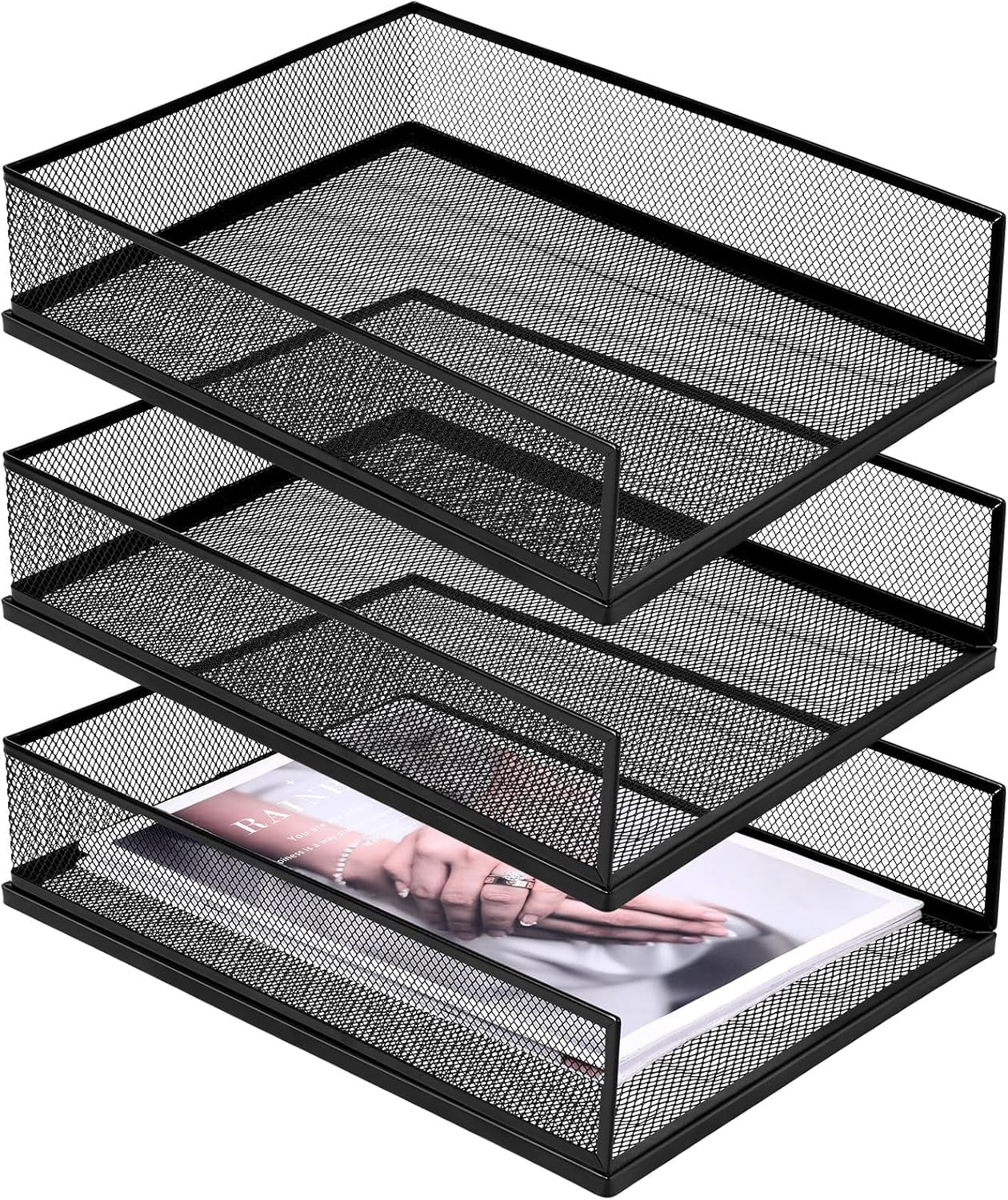 Black Metal Letter Tray, 3-Tier Stackable Paper Tray, Metal Mesh ...