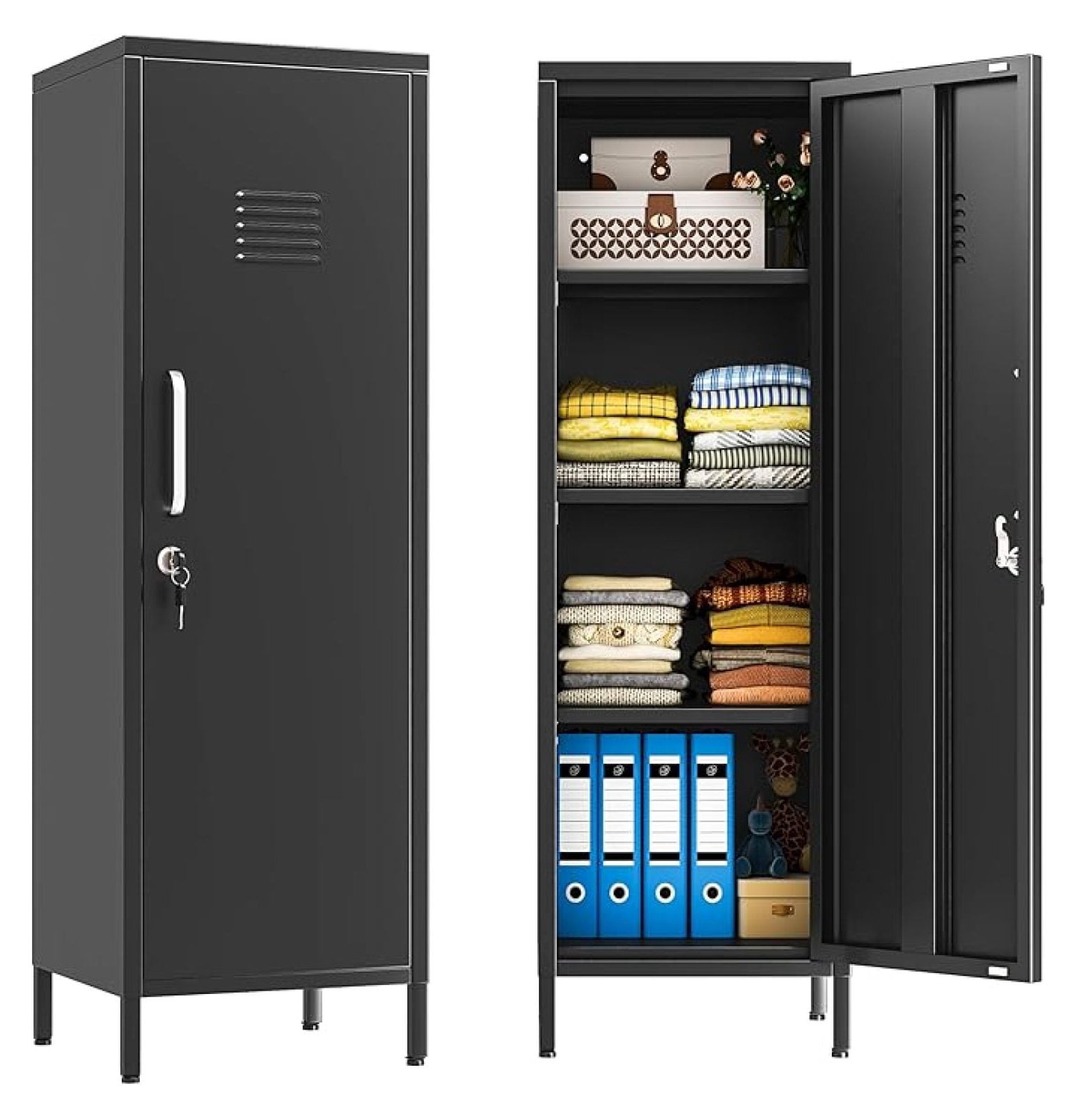 Black Metal Locker Cabinet, 47" H Home Office Storage Lockers, Vertical ...