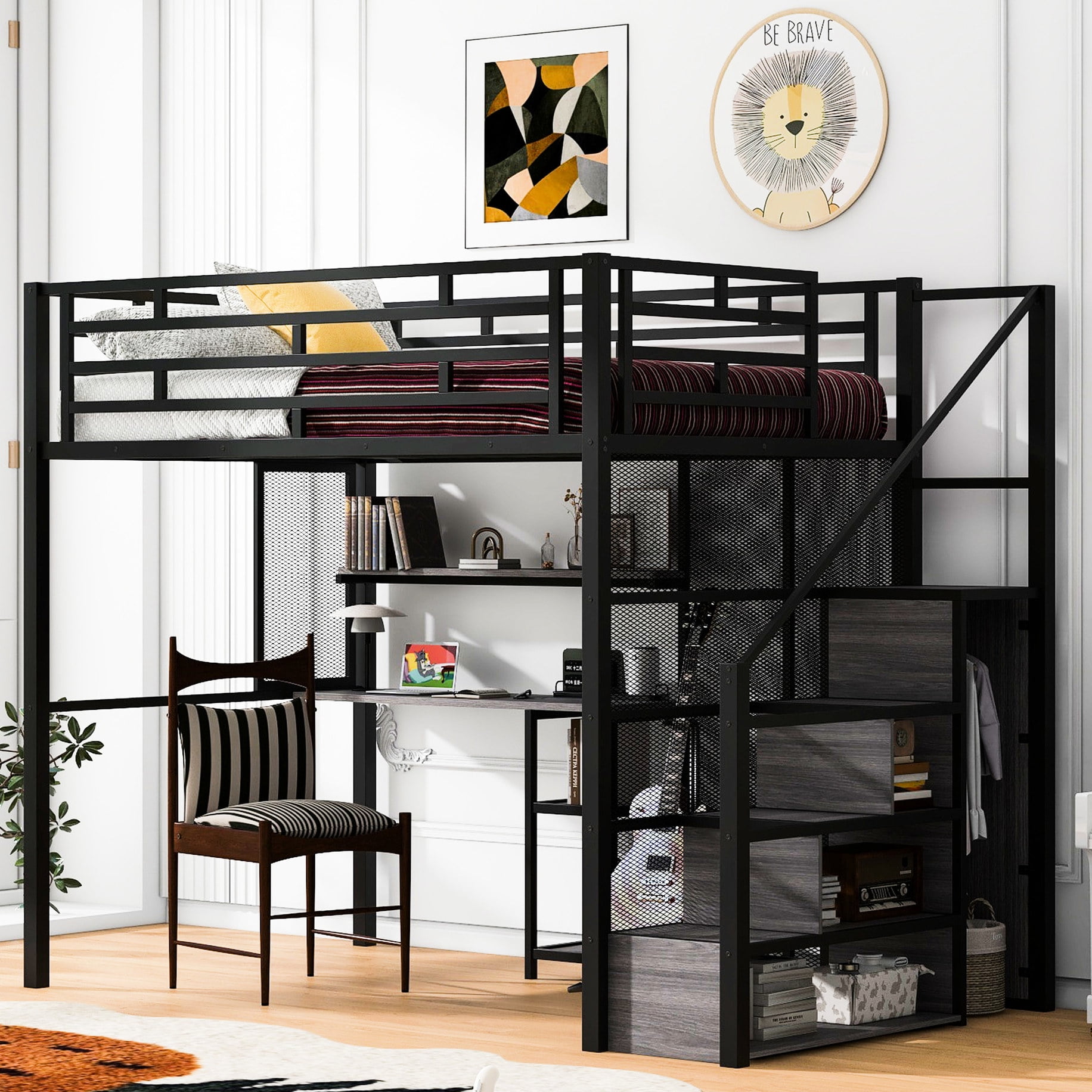 Black Metal Loft Bed | Built-in Desk for Work & Study | Space-efficient ...