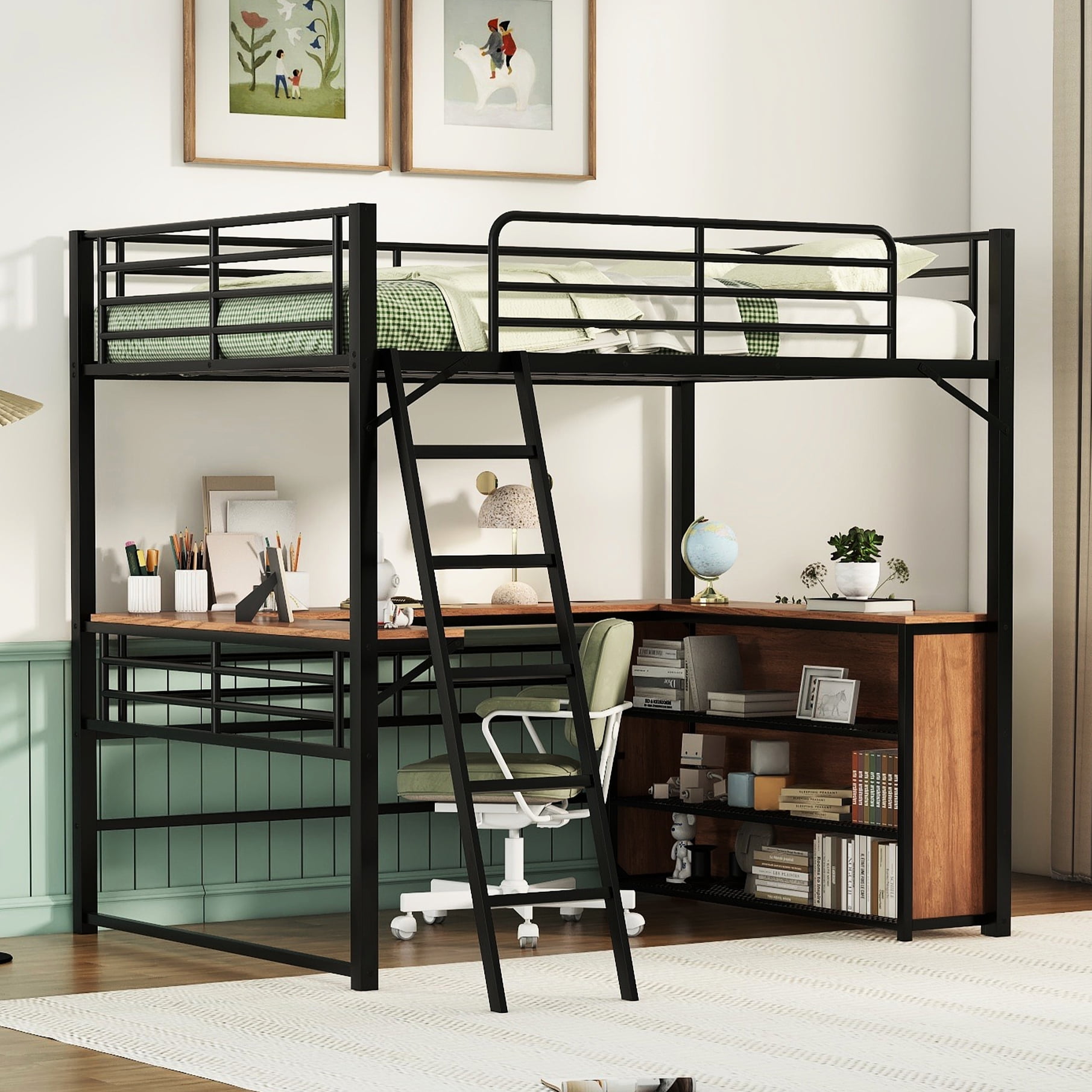 Black Metal Loft Bed Featuring 3-layer Shelves And L-shaped Computer ...