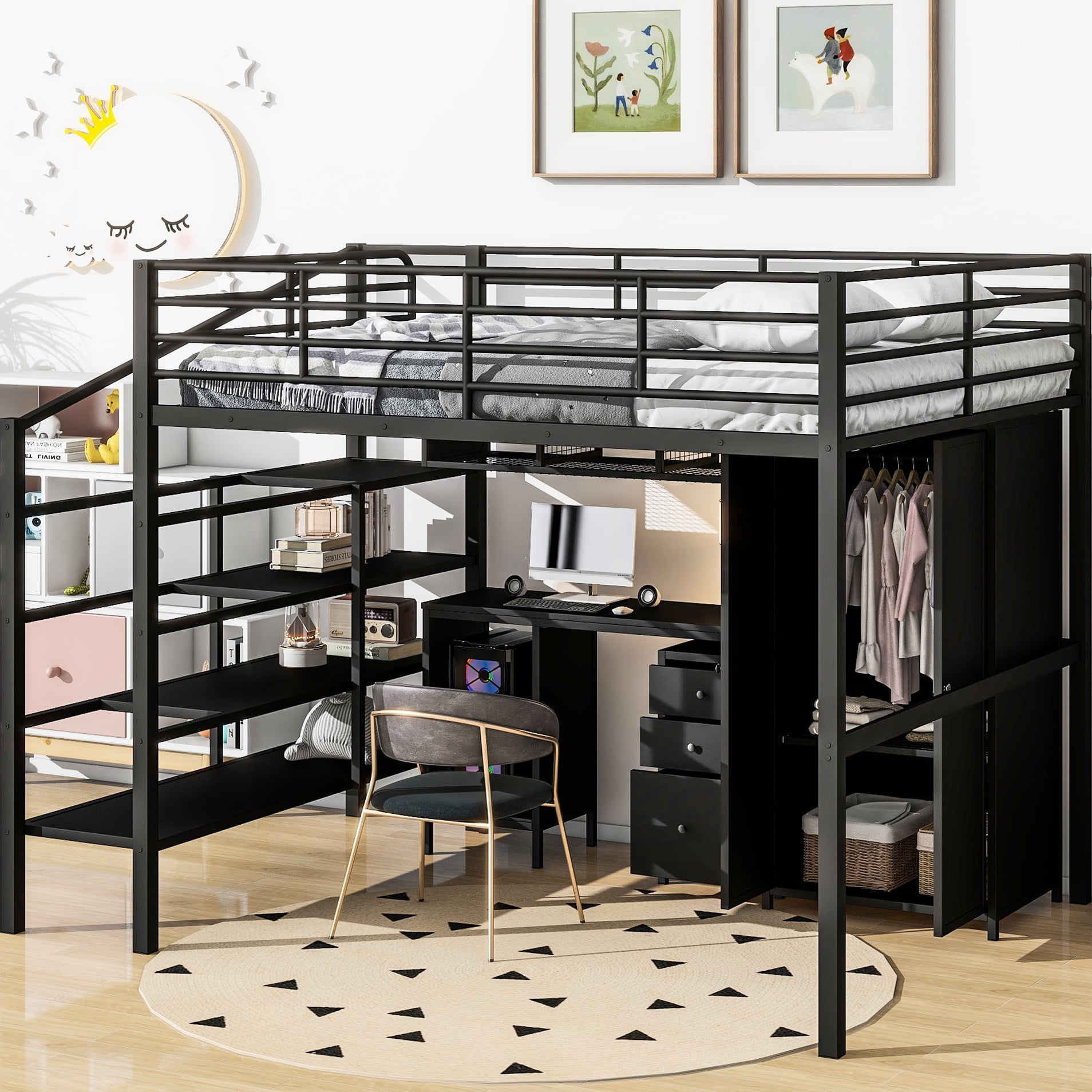 Black Metal Loft Bed With Table And Wardrobe, Full - Contemporary Style ...