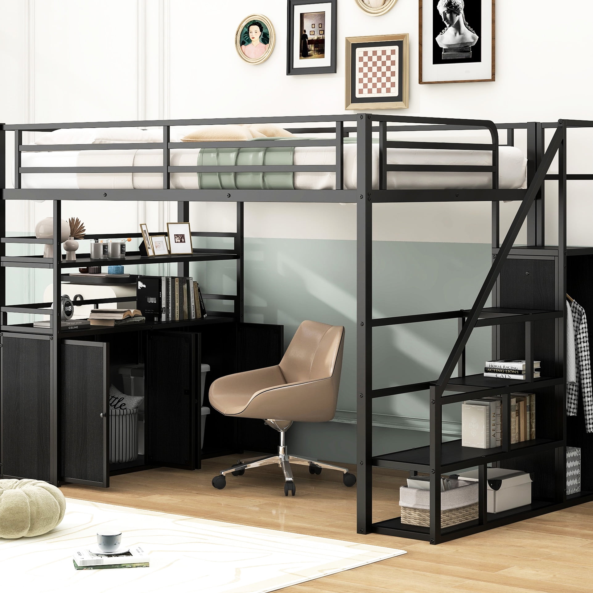 Black Metal Loft Bed With Backing Storage - Staircase, Wardrobe ...