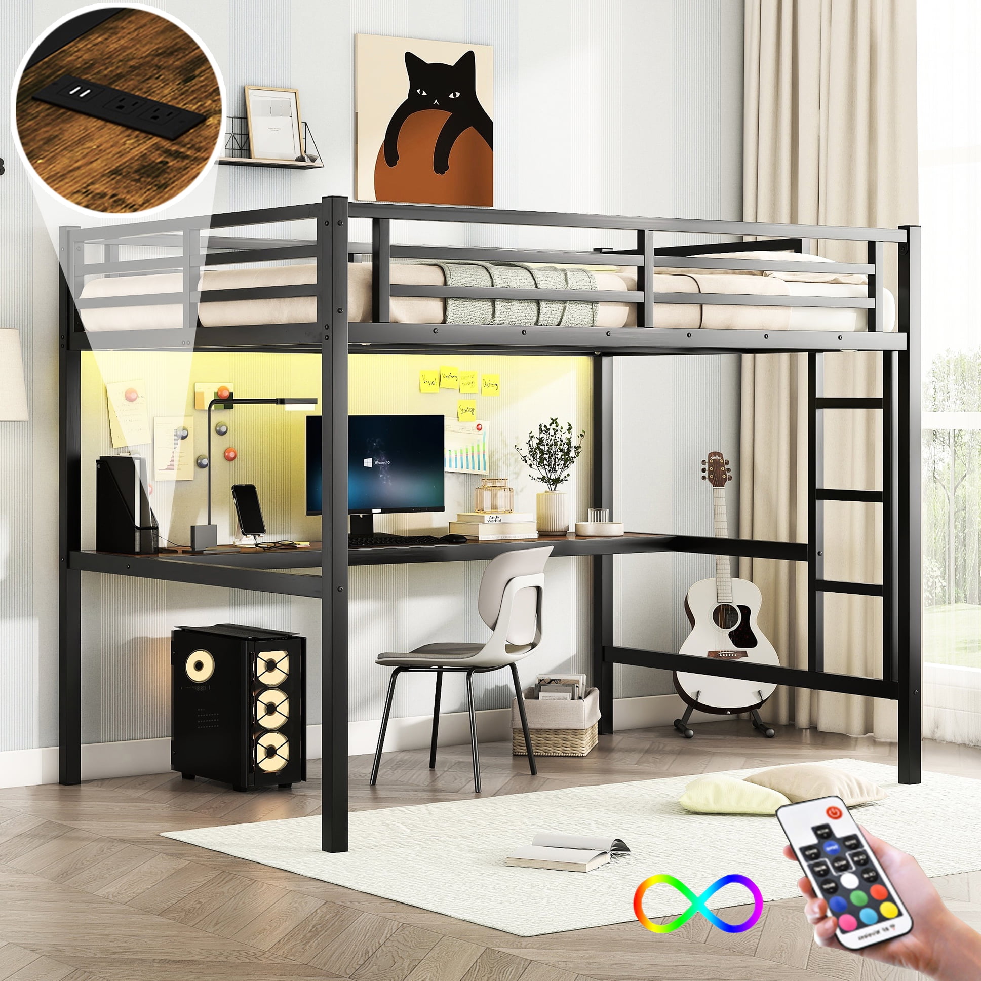 Black Metal Loft Bed With Desk, Power Plug, Led Illumination - Space ...