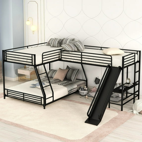 Black Metal+MDF L-Shaped Bunk Bed: Loft, Desk, Slide - Fun for Family ...