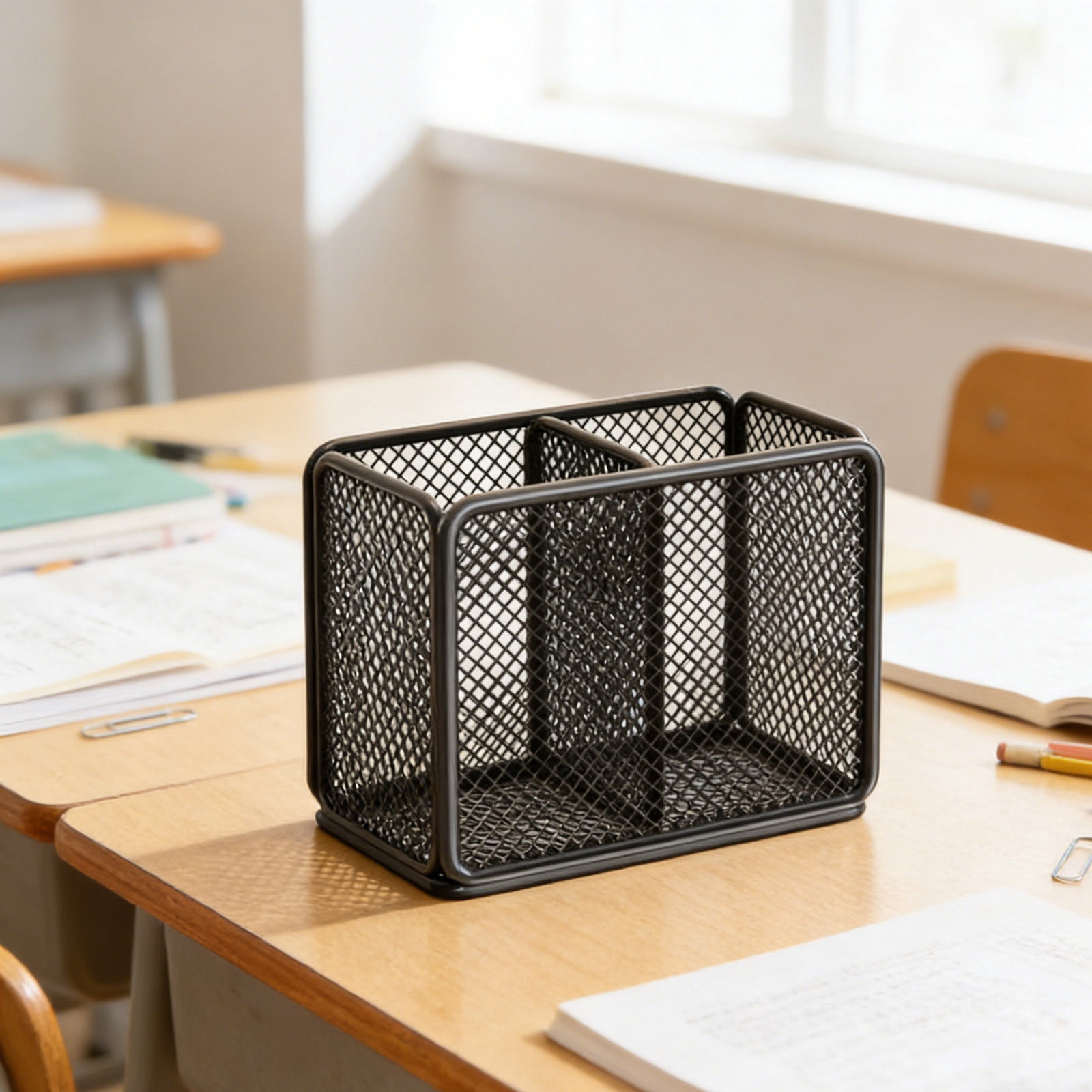 Black Metal Mesh Desk Pen Holder Organizer, 2-Tier Office Storage ...