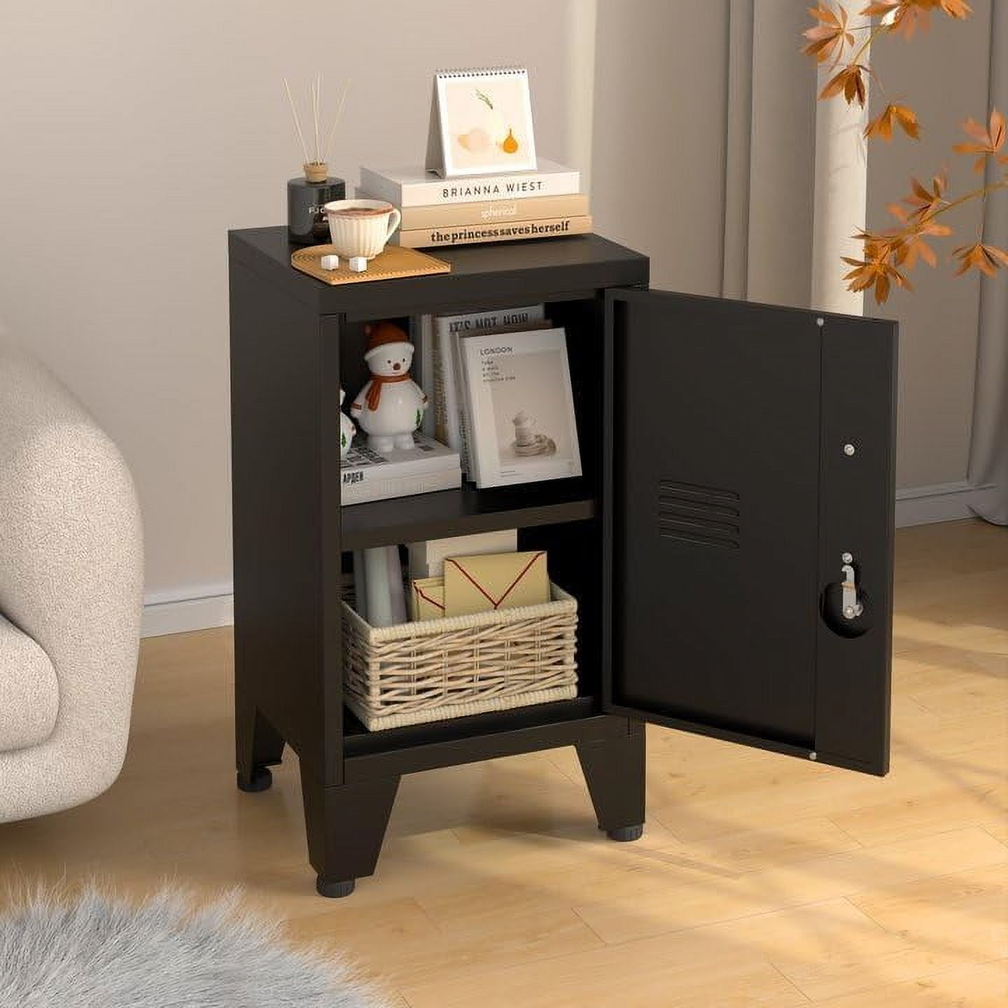 Black Metal Nightstand Locker Cabinet, Side Table with Lockable Door ...