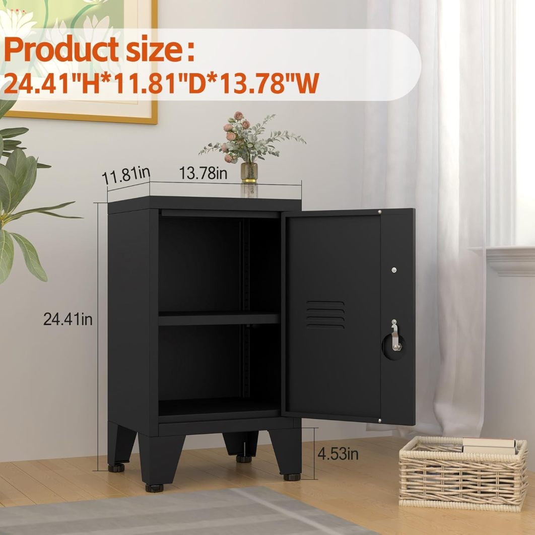 Black Metal Nightstand Locker Cabinet, Side Table with Lockable Door ...