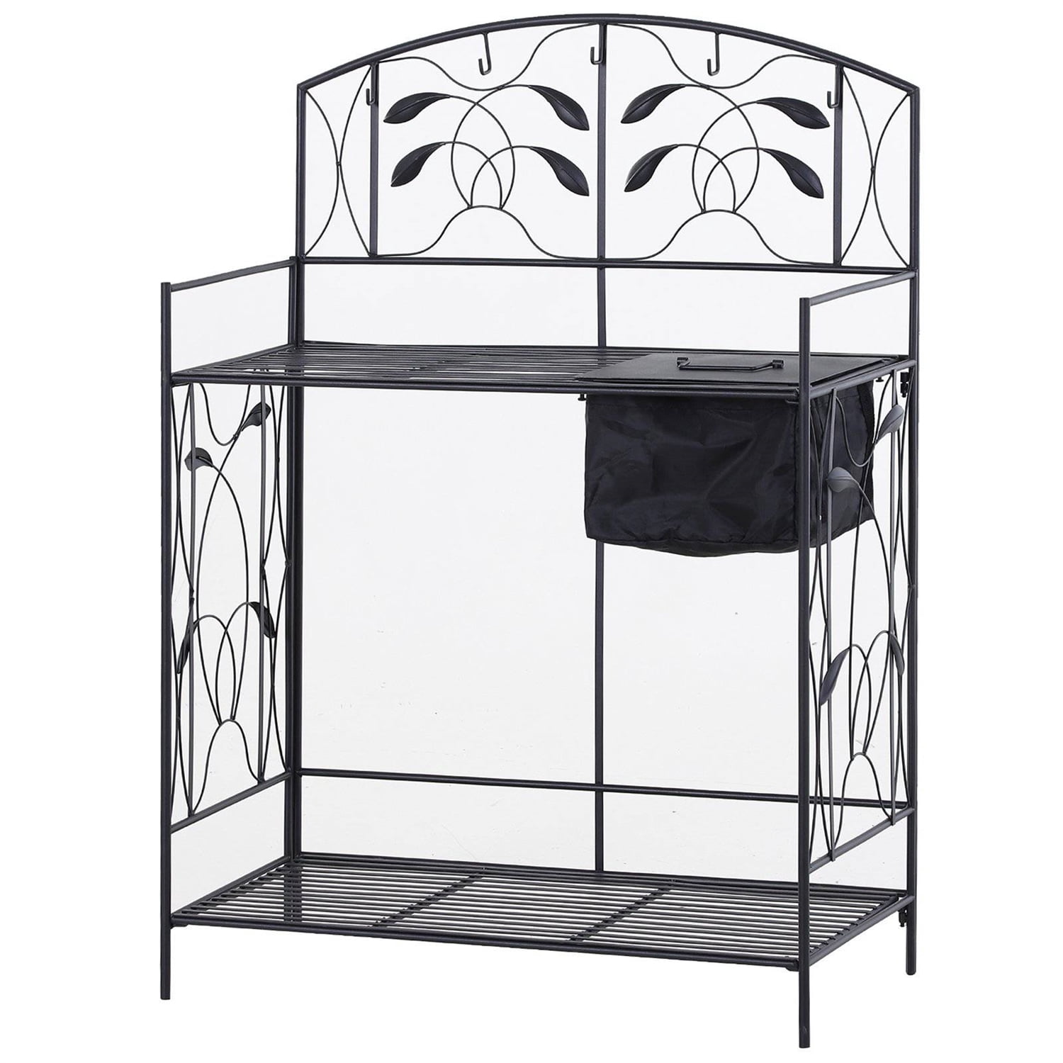 Black Metal Potting Bench with Wrought Iron Vine Accents and Fabric ...