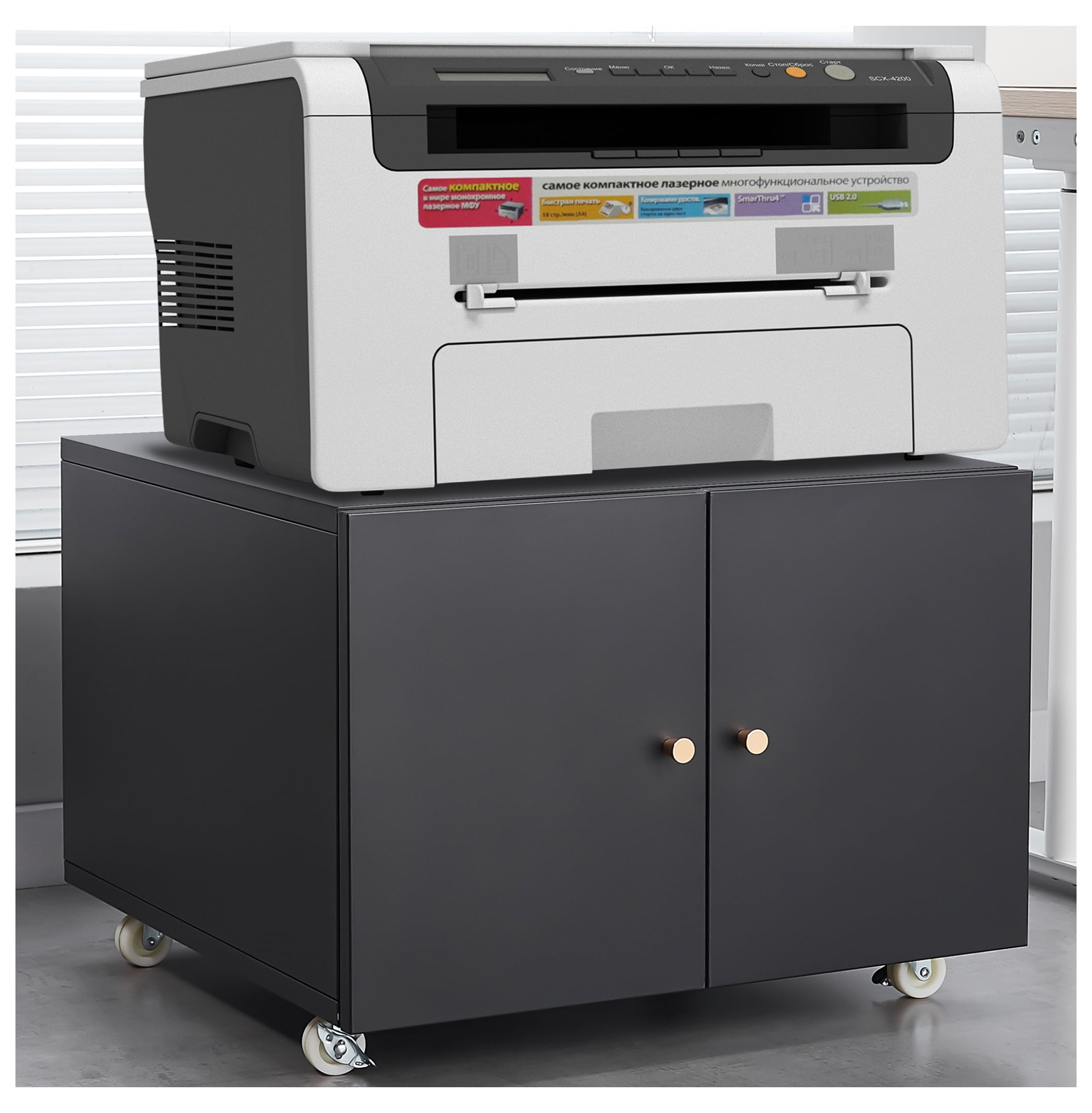 Black Metal Printer Cabinet with Double Doors and 360掳 Lockable Casters ...