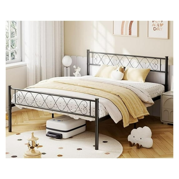 Black Metal Queen Bed Frame with Headboard and Footboard for Girls and ...
