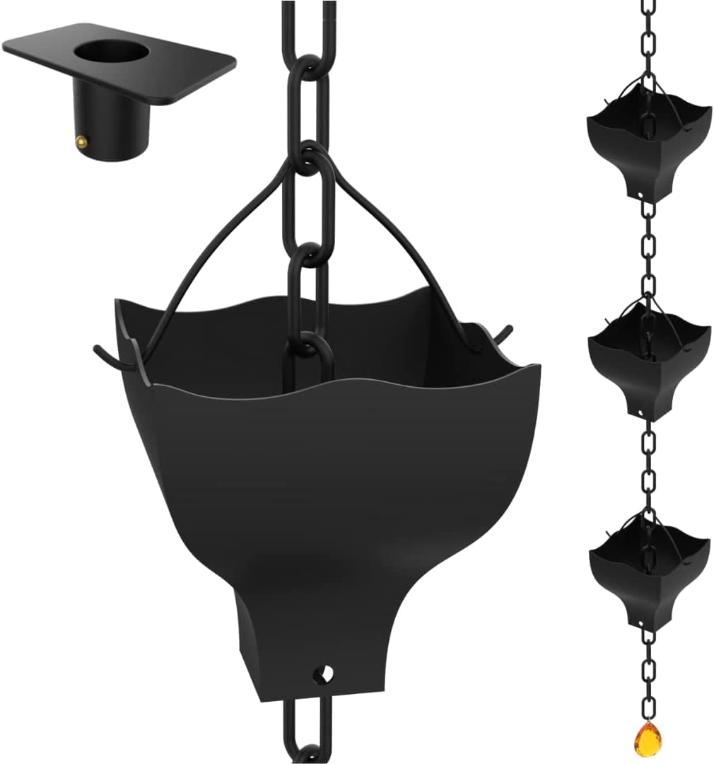 Black Metal Rain Chains for Gutters - 8.75 Feet - Installation Kit ...