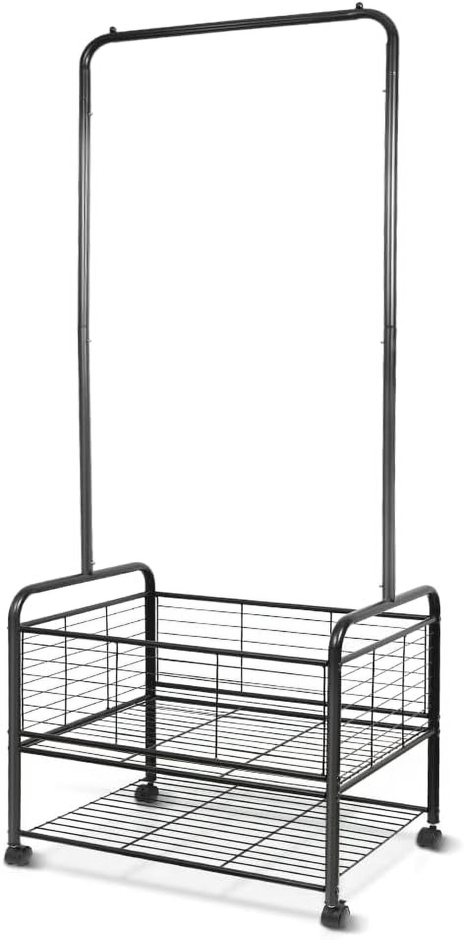 Black Metal Rolling Laundry Hamper Butler Cart Basket with Hanging ...
