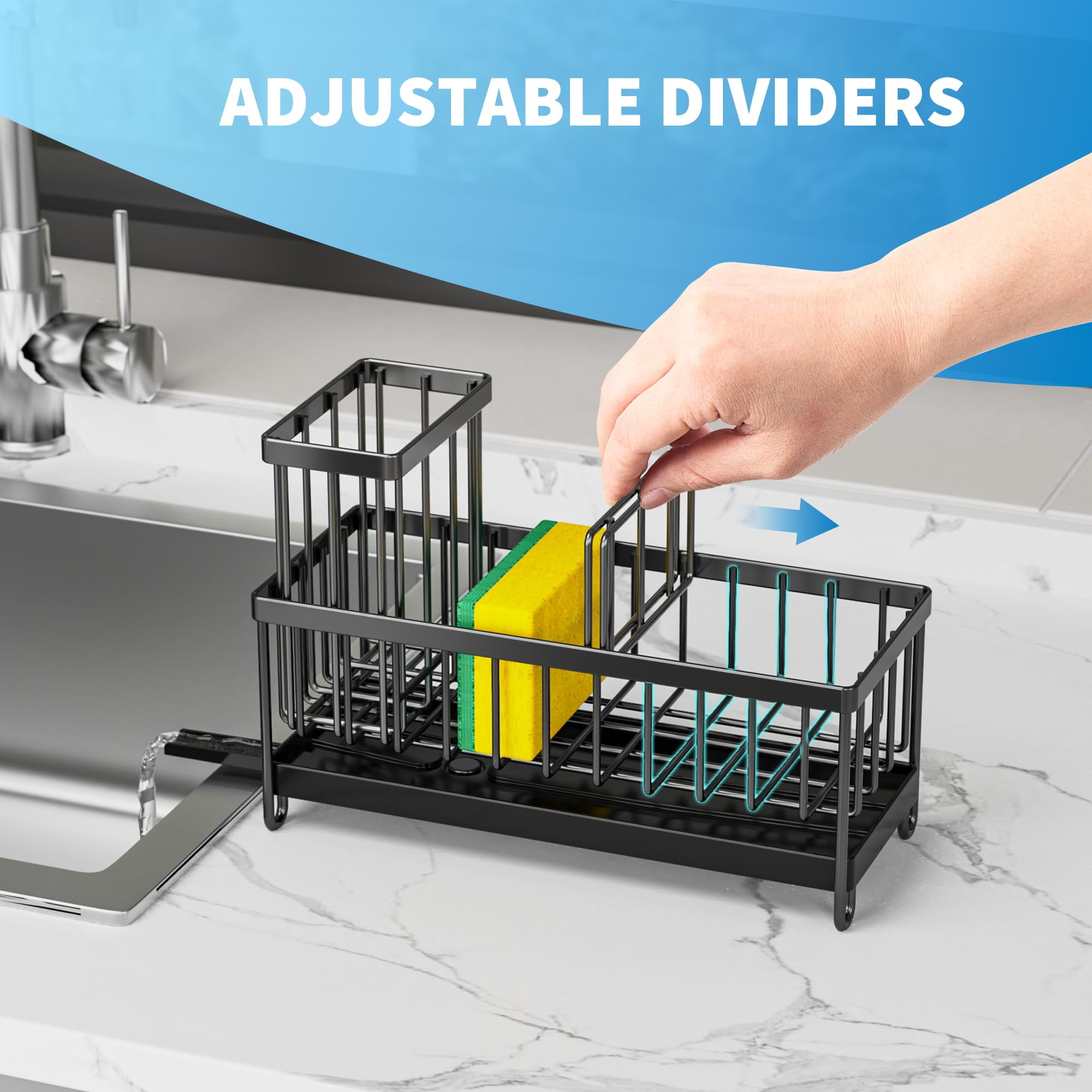 Black Metal Sink Caddy with Adjustable Dividers, Removable Brush Holder ...
