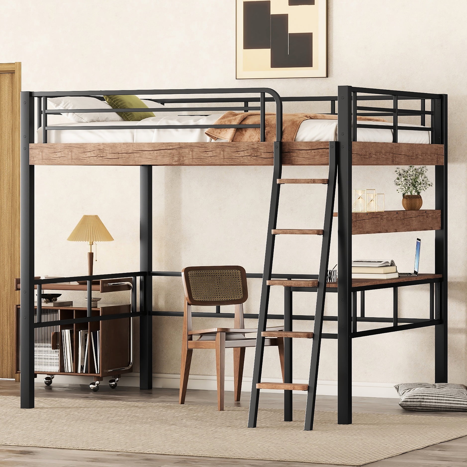 Black Metal Size Loft Bed With Built-in Workspace & Storage - Secure ...