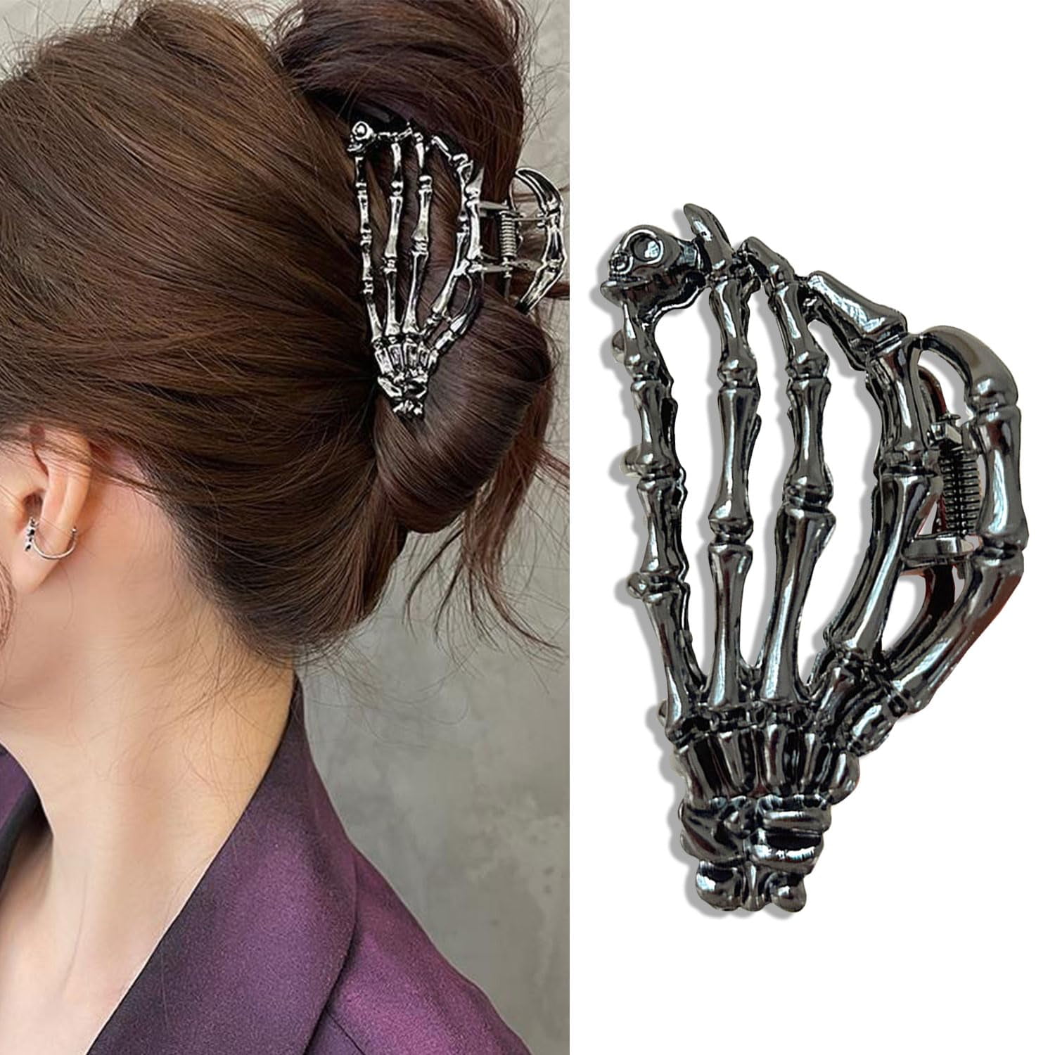Black Metal Skeleton Hand Hair Claw Clips with Skull Head Design ...