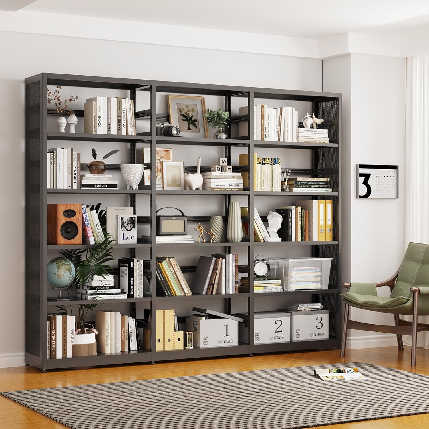Black Metal Storage Bookcase with 4 Adjustable Shelves, Tall Bookcase ...