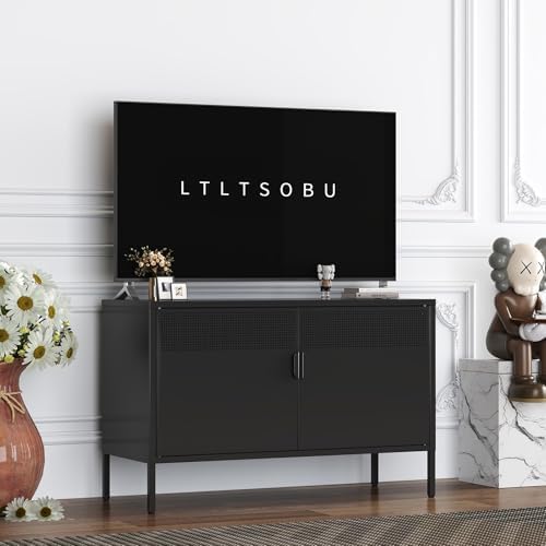 Black Metal Storage Cabinet with 2 Doors - 25''H TV Stand Dresser, 2 ...