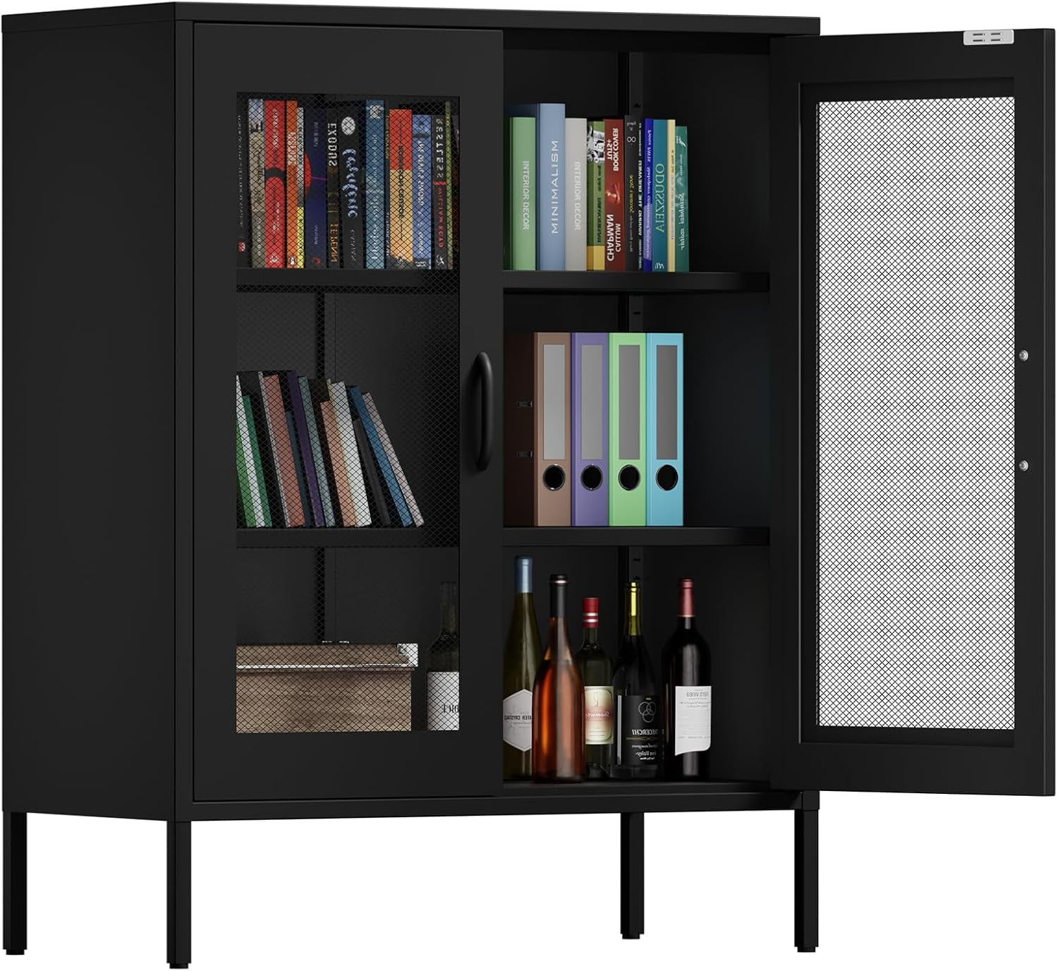 Black Metal Storage Cabinet with 2 Mesh Doors，Metal Locker Storage ...