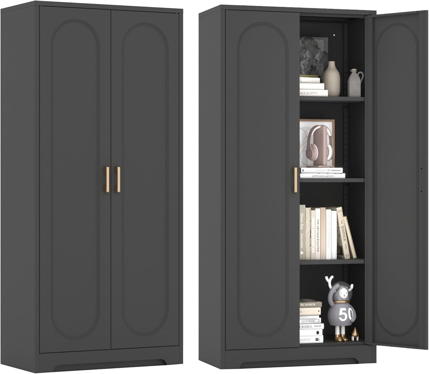 Black Metal Storage Cabinet with 3 Adjustable Shelves, Kitchen Pantry ...
