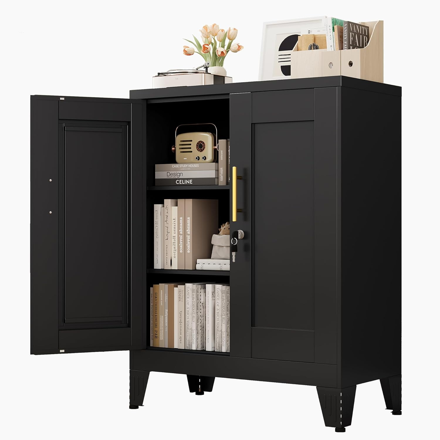 Black Metal Storage Cabinet, 36" Tall Locking Storage Cabinet with 2 ...