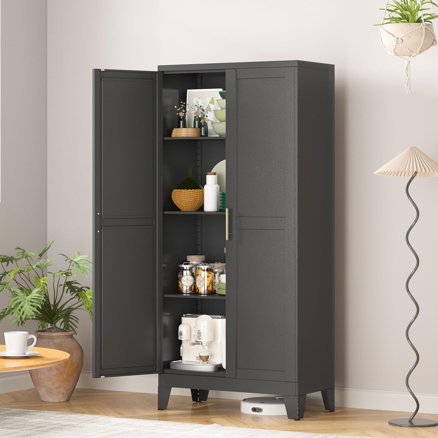 Black Metal Storage Cabinet, 47.25" H Steel Kitchen Pantry Cabinet with ...