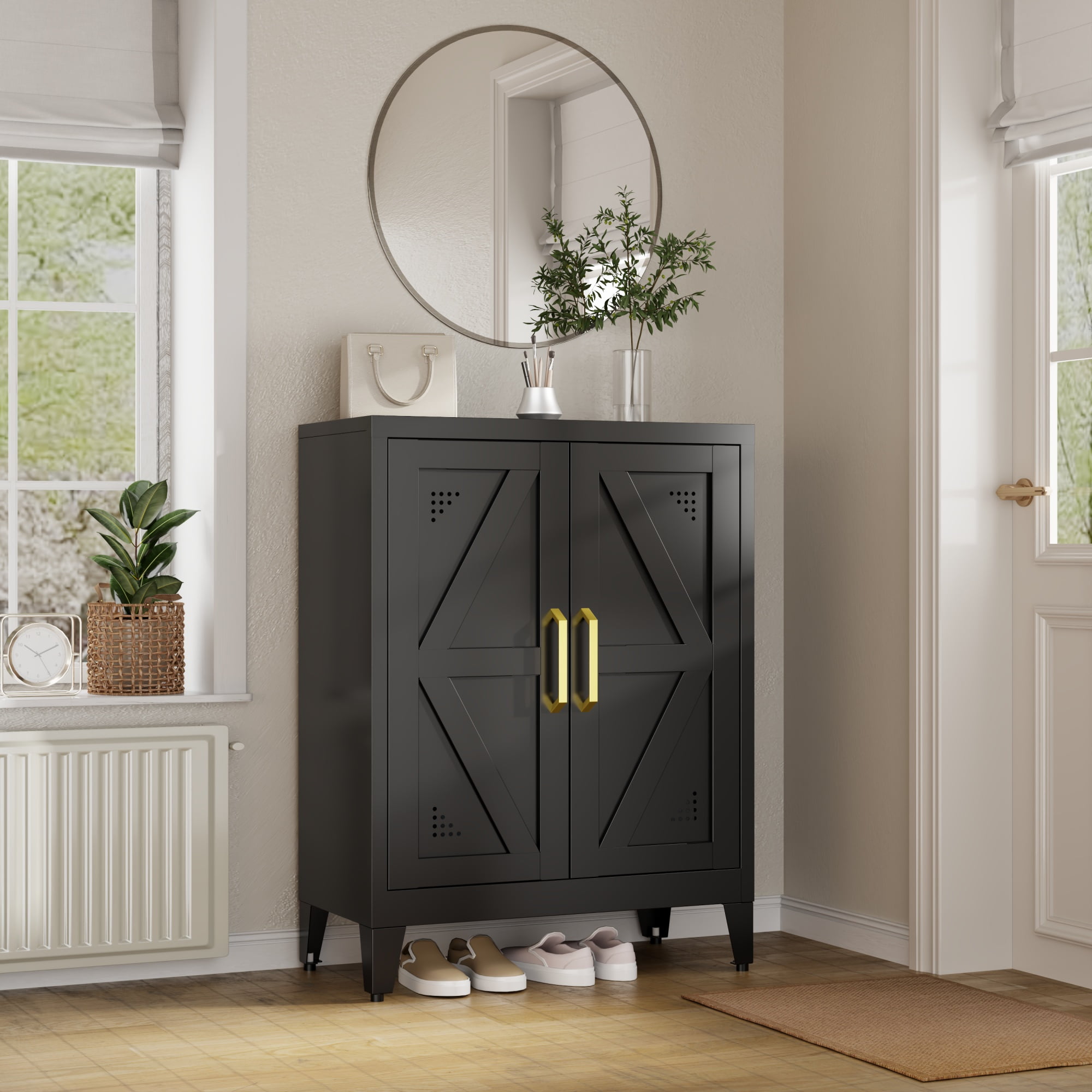 Black Metal Storage Cabinet with Doors and Adjustable Shelves,3-Tier ...