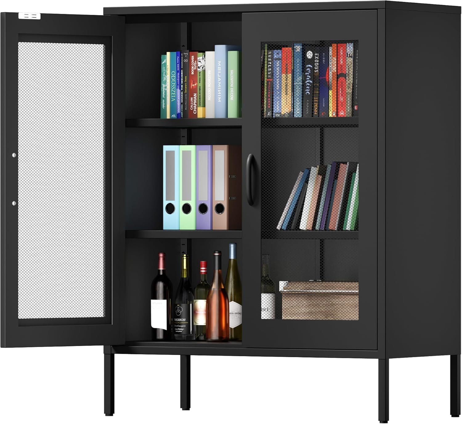 Black Metal Storage Cabinet with Mesh Doors, Small Office Storage ...