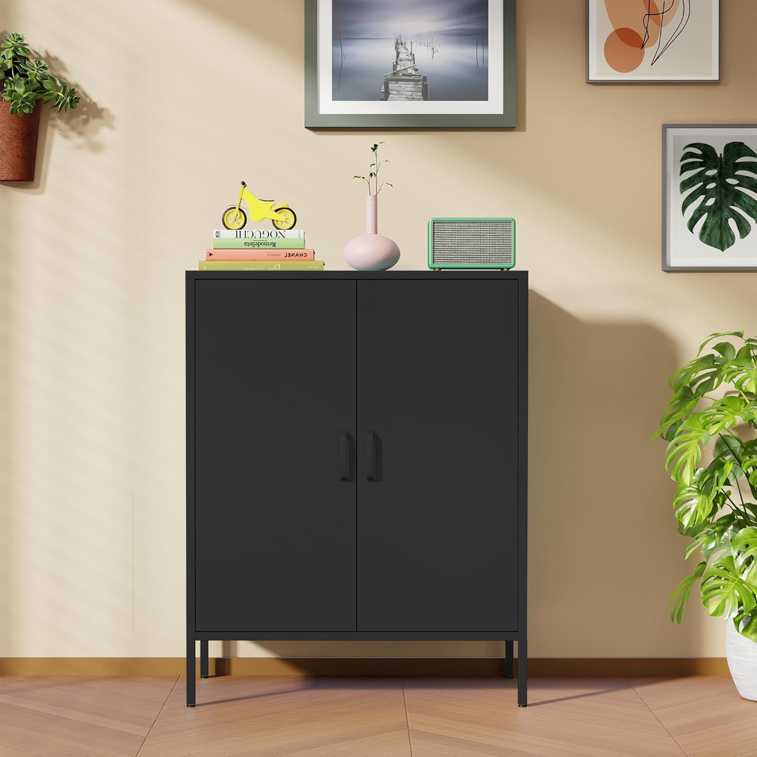 Black Metal Storage Cabinet,Metal Locker Storage Cabinet with 2 Doors ...