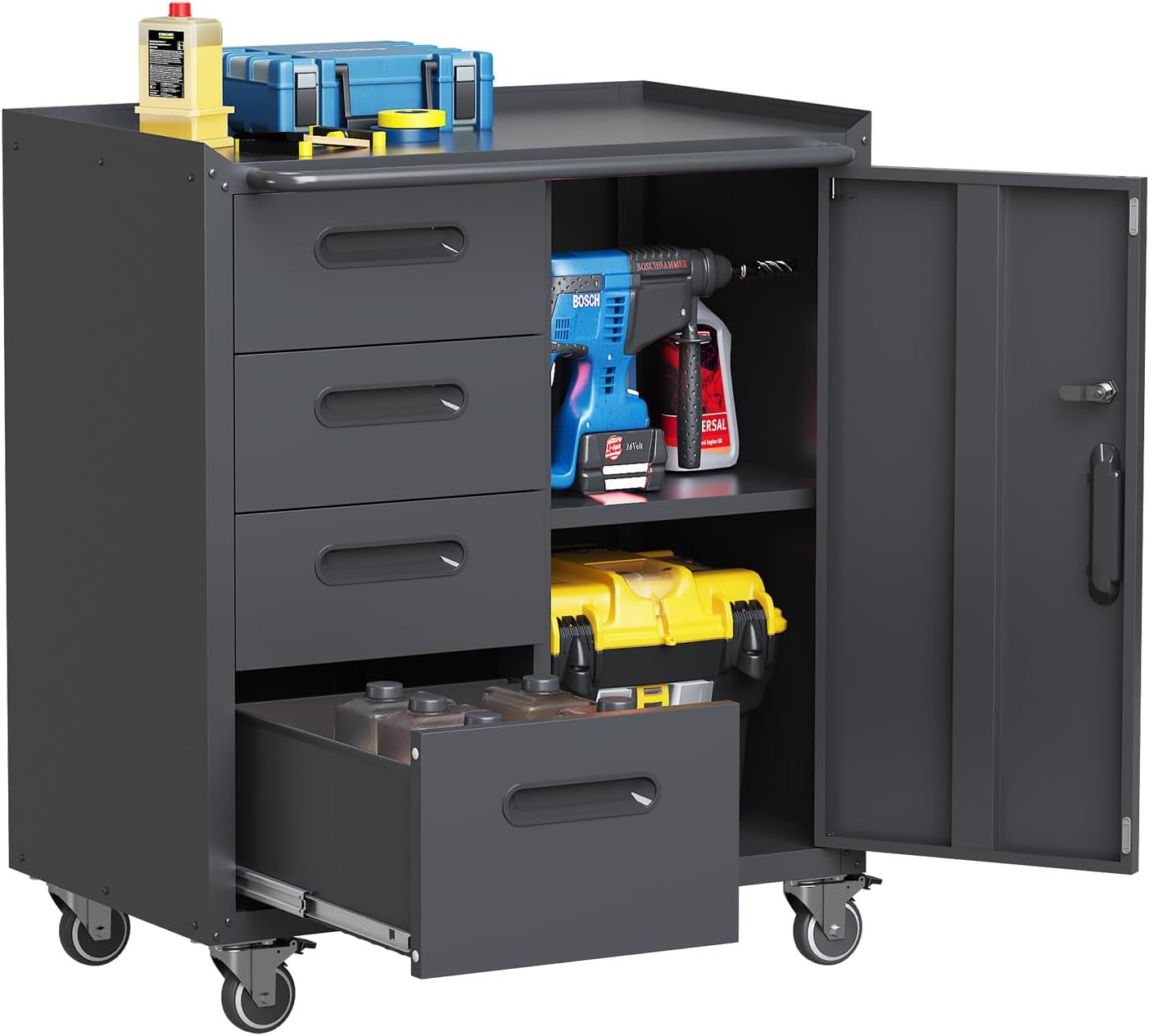 Black Metal Storage Cabinet with Wheels Heavy Duty Steel Rolling Tool ...