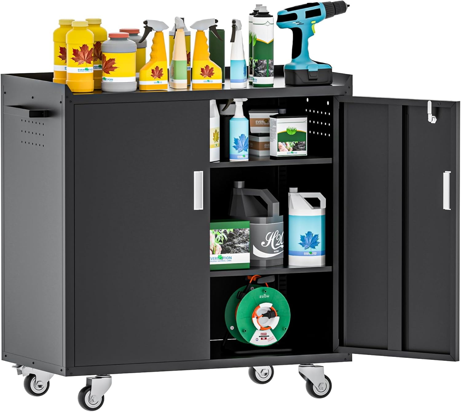 Black Metal Storage Cabinet With Wheels, Lockable Garage Cabinet With ...