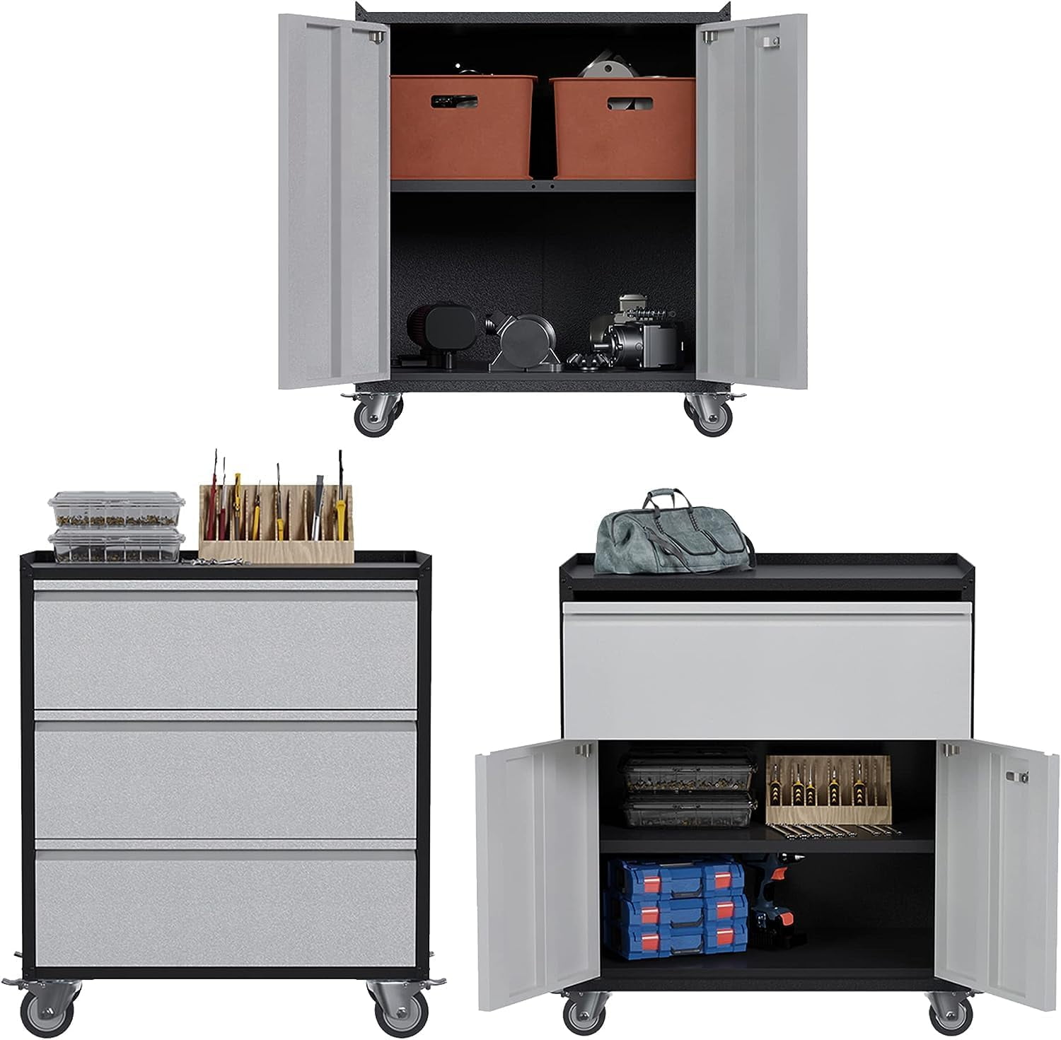 Black Metal Storage Cabinet with Drawer and Lockable Doors Rolling ...