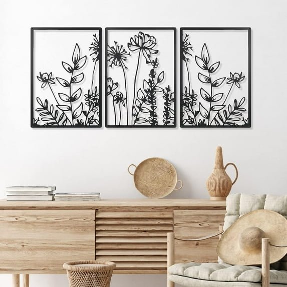 Black Metal Wall Art Set 3-Pack Minimalist Flower Wall Sculptures 16.5 ...