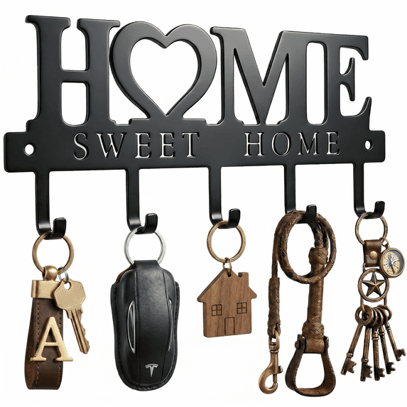 Black Metal Wall Mount Key Holder with 5 Hooks, Sweet Home Decor Key ...