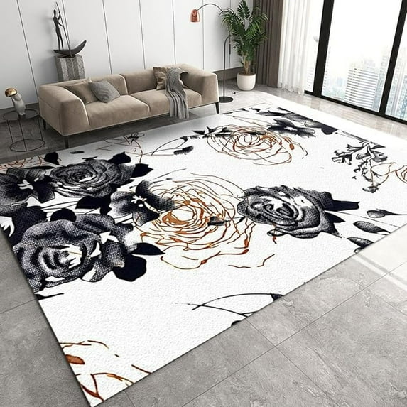 Black Metallic Rose Area Rugs, Modern Minimalist Romance Indoor Non ...