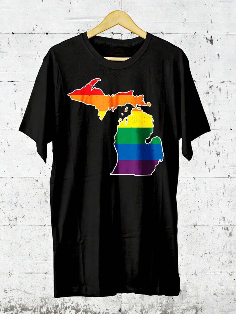 Black Michigan State Rainbow Pride Map Graphic T-Shirt, 100% Cotton ...