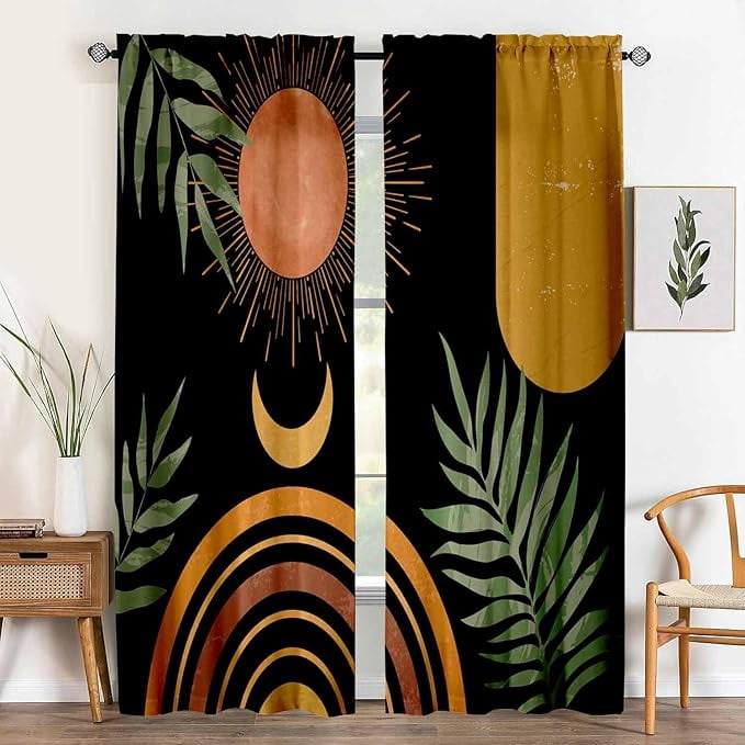 Black Mid Century Abstract Curtains Orange Boho Aesthetic Curtain For ...