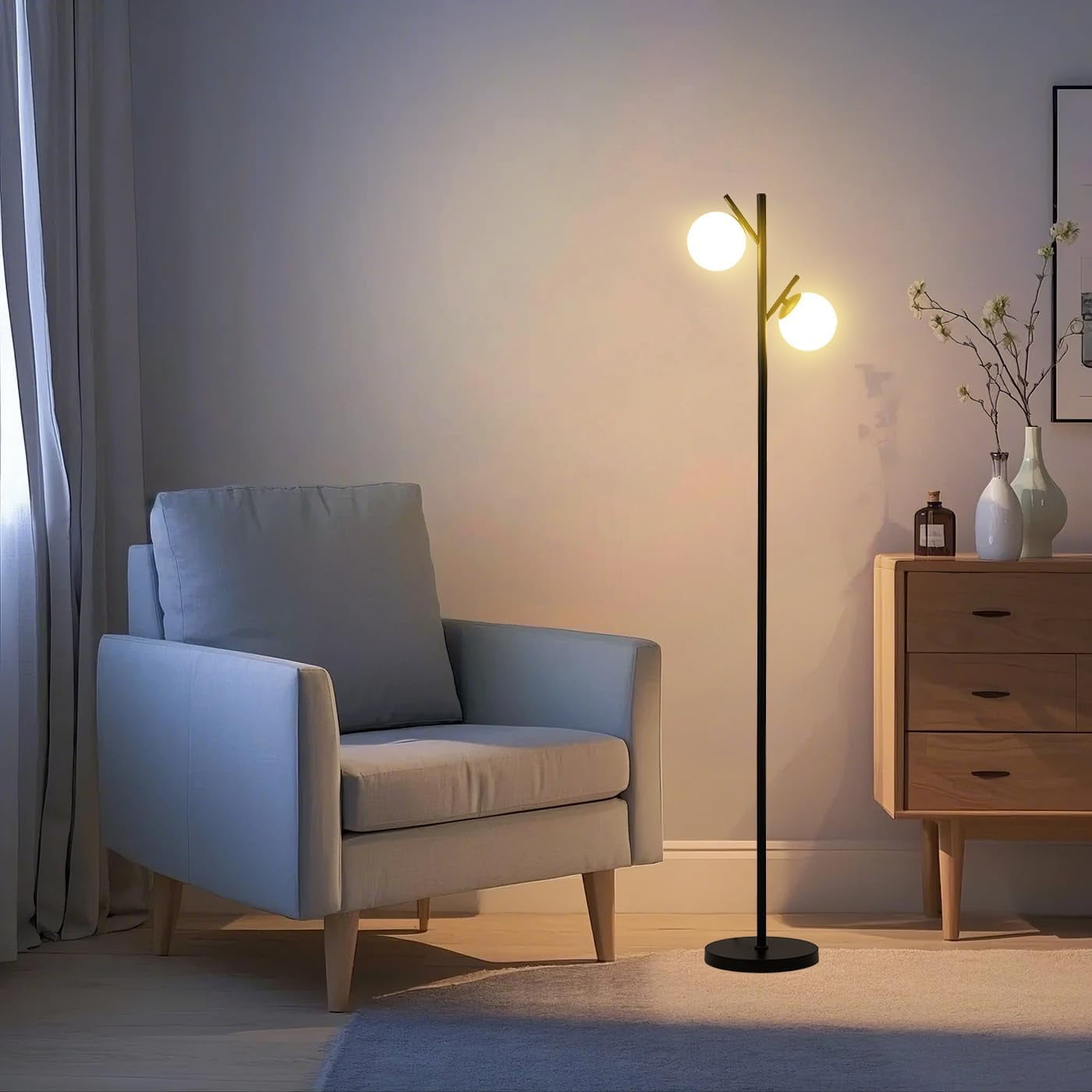 Black Mid Century Floor Lamp, Modern Globe Standing Lamp with 2 LED ...