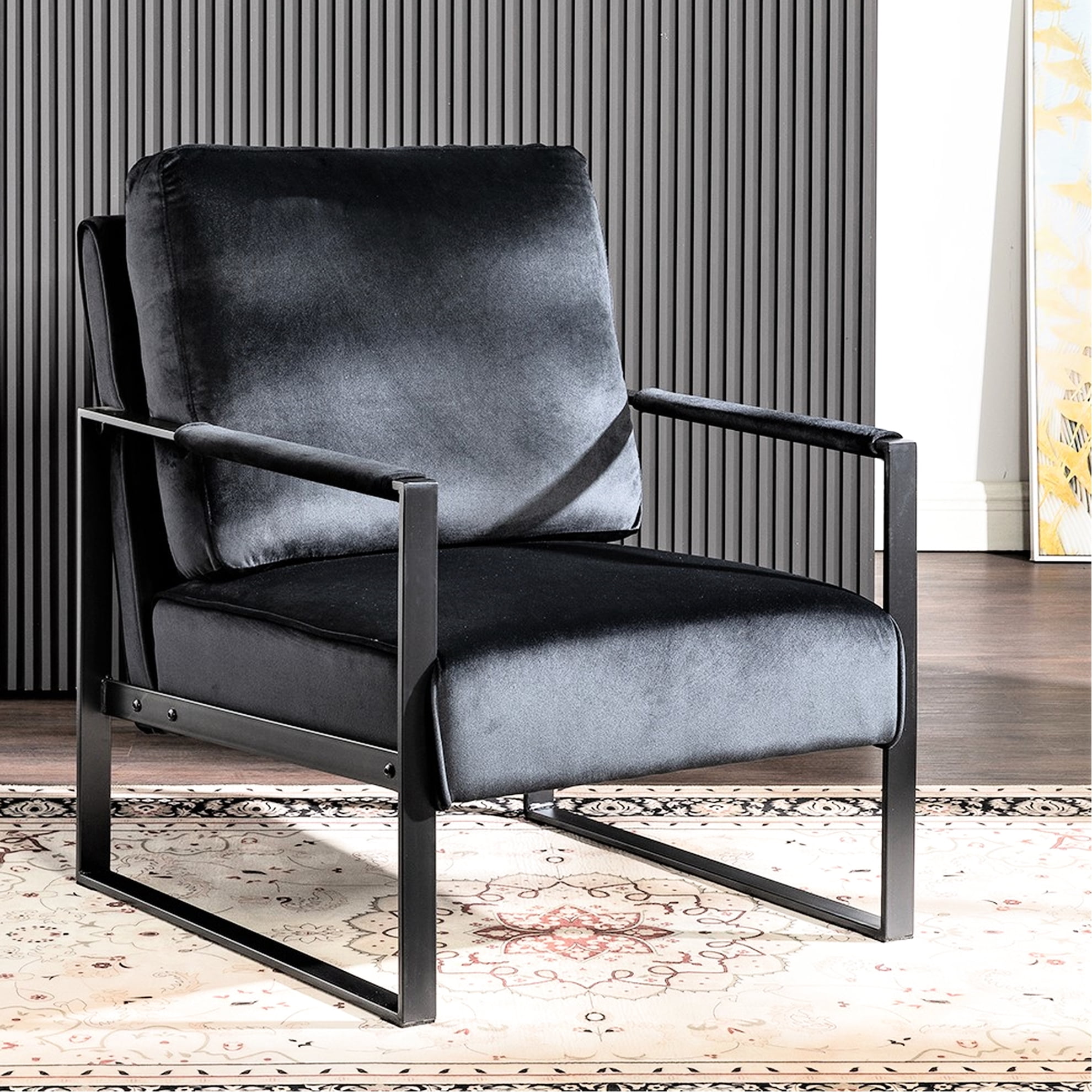 Black Mid Century Modern Armchair, Square Metal Frame, Velvet ...