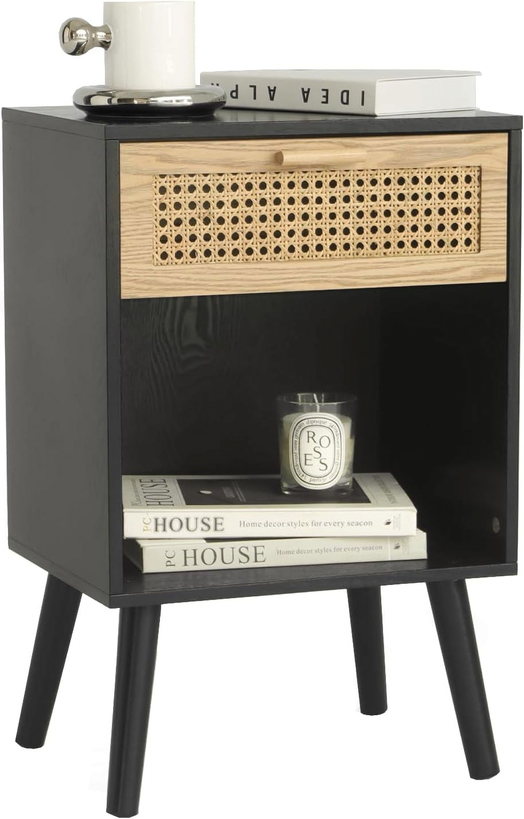 Black Mid Century Modern Nightstand, Rattan Side Table with Drawer for ...
