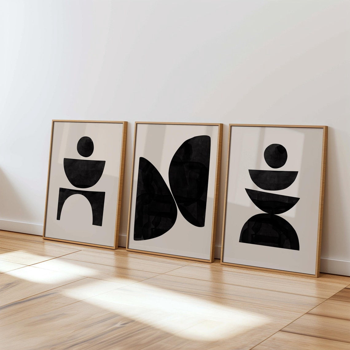 Black Mid Century Wall Art Beige & Black Japandi Wall Art Minimalist ...