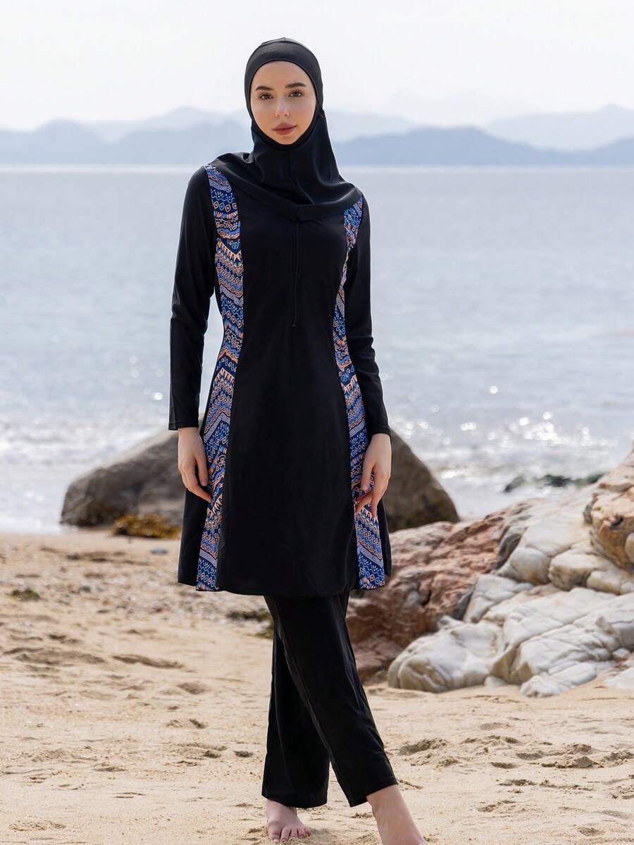 Black Middle East Style Modest Burkini Swimsuit Set With Hood, Long ...